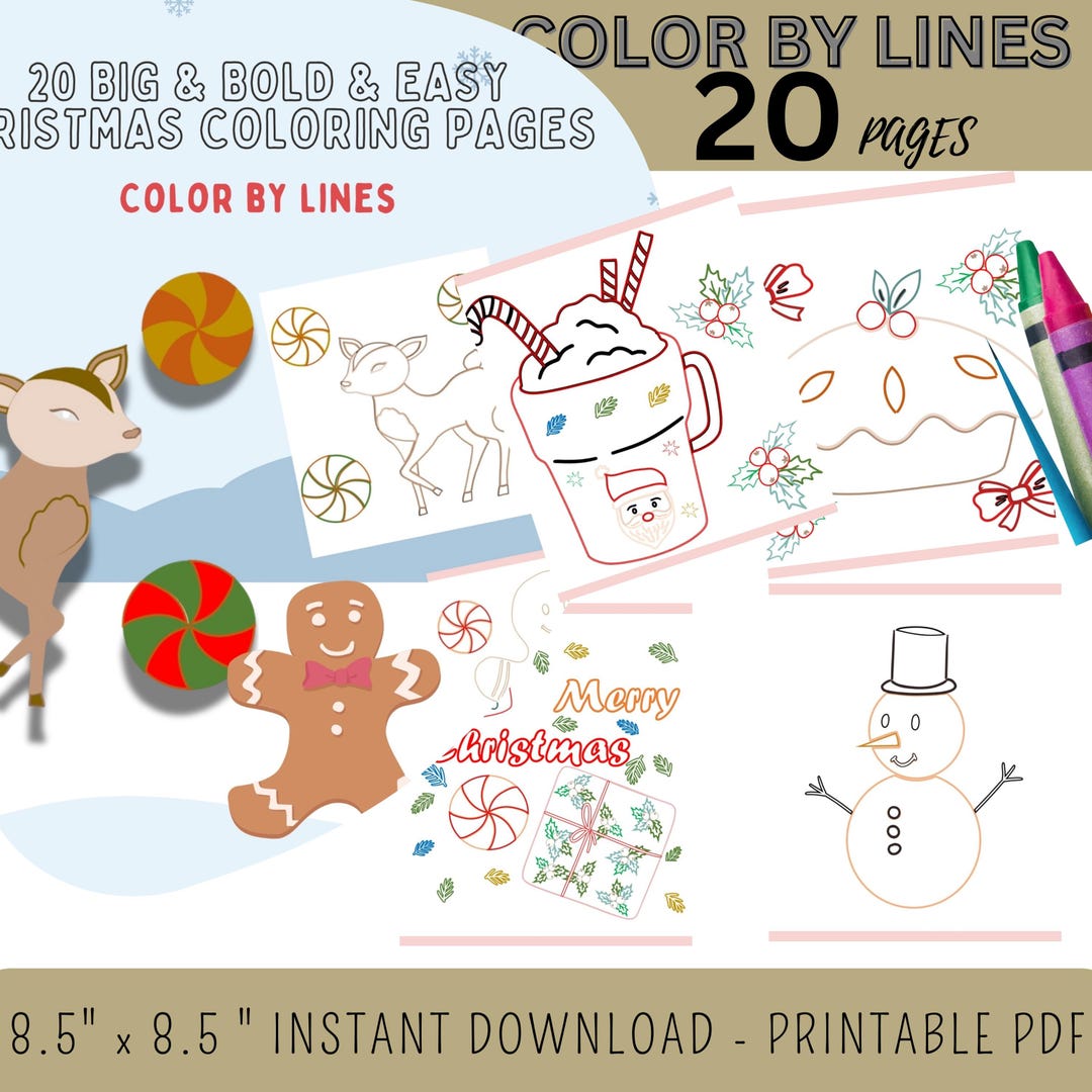 20 Pages Christmas, Coloring by Line, Bold and Easy Coloring Pages ...