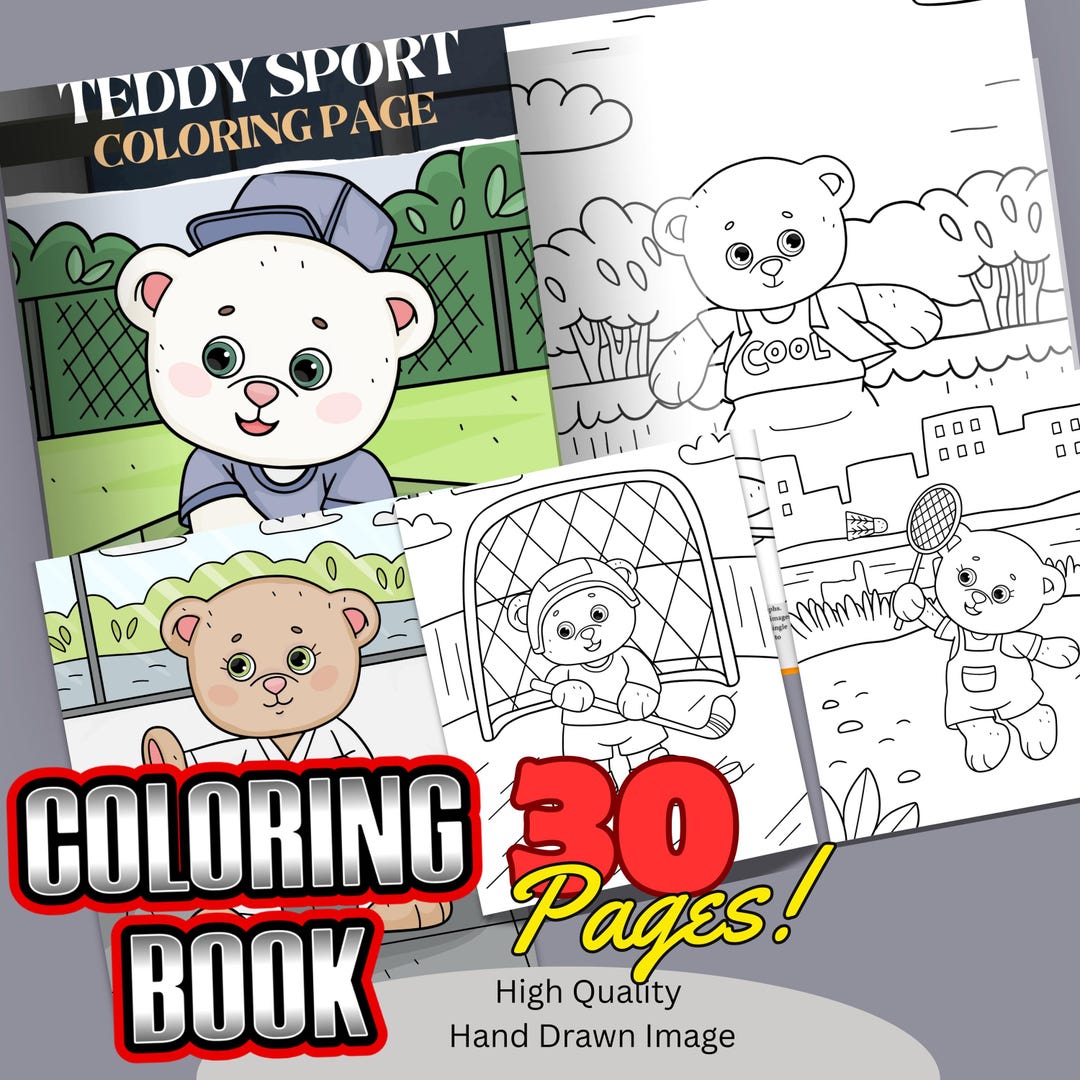 30 Pages Teddy Bear Sporty Coloring Page for Kids, Printable Pages ...