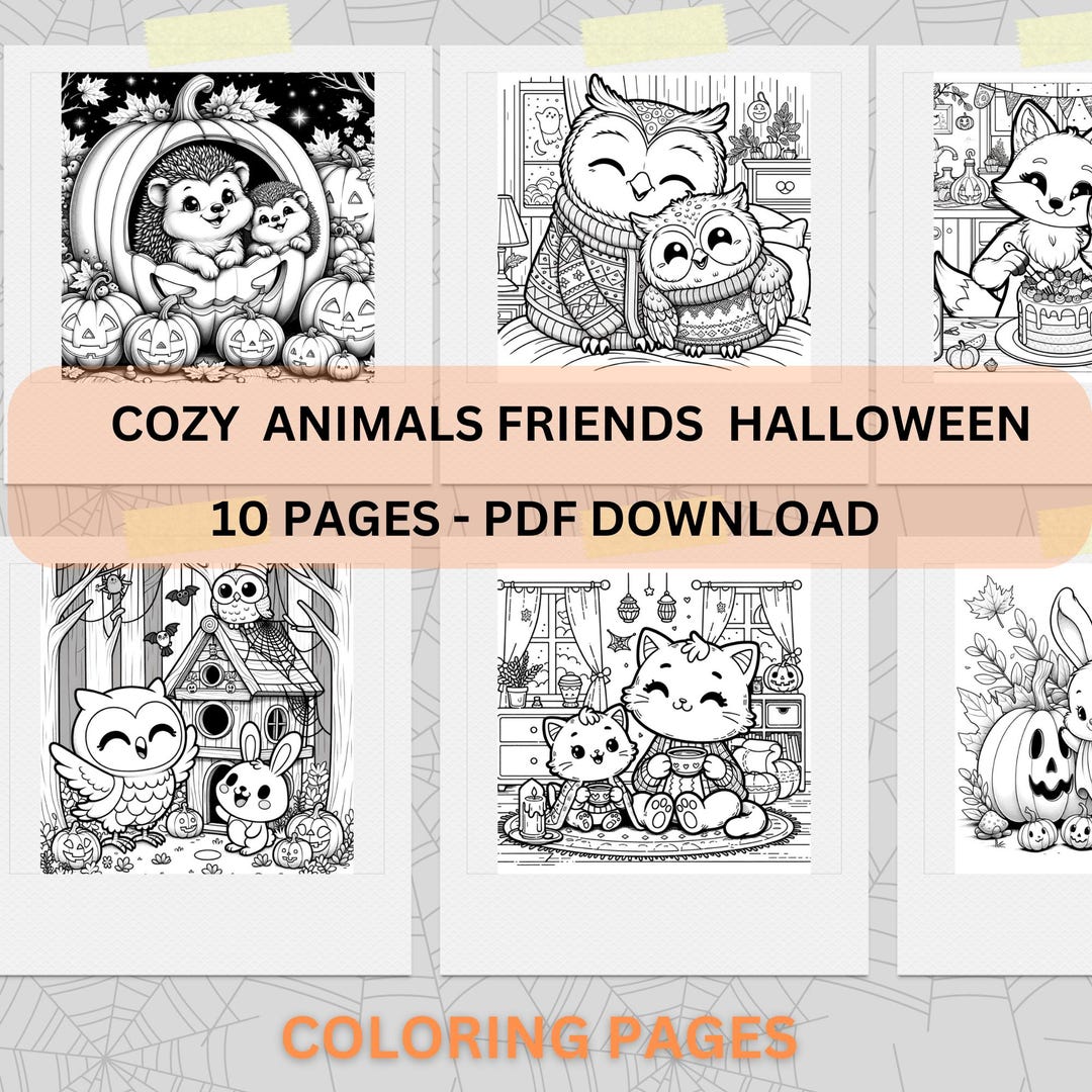 12 Pages Cozy Woodland Animals Halloween Coloring, Cute Halloween ...