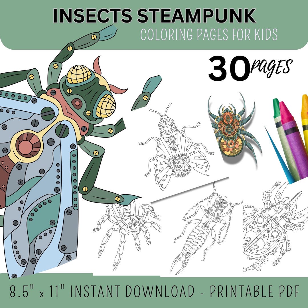 30 Pages Insects Steampunk Coloring Book, Steampunk Coloring, Cute ...