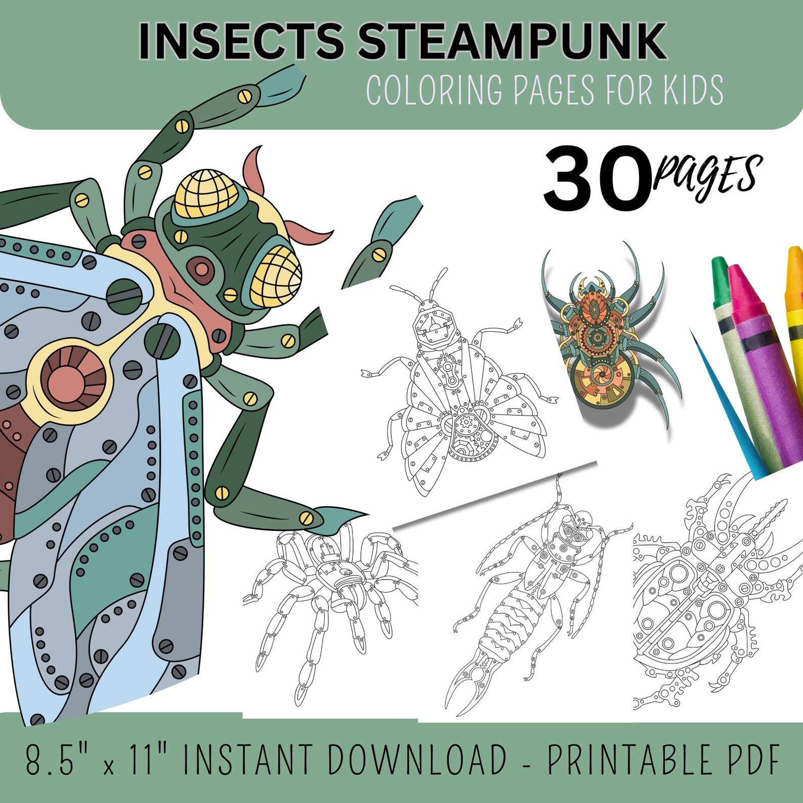 30 Pages Insects Steampunk Coloring Book, Steampunk Coloring, Cute ...