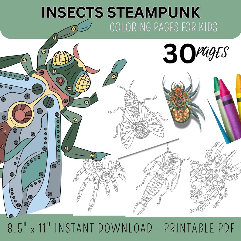 30 Pages Insects Steampunk Coloring Book, Steampunk Coloring, Cute ...