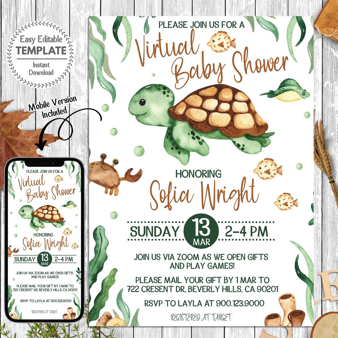Virtual Turtle Baby Shower Invitation, Editable Baby Shower Invitation ...