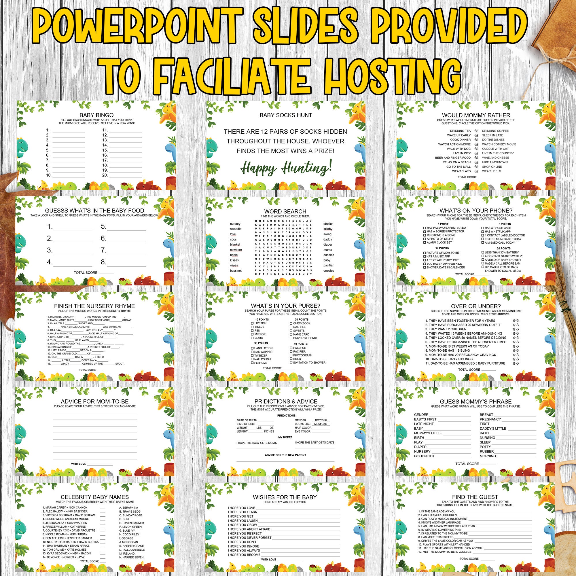 30 Printable Dinosaur Baby Shower Games, Editable Dino Baby Party Games ...