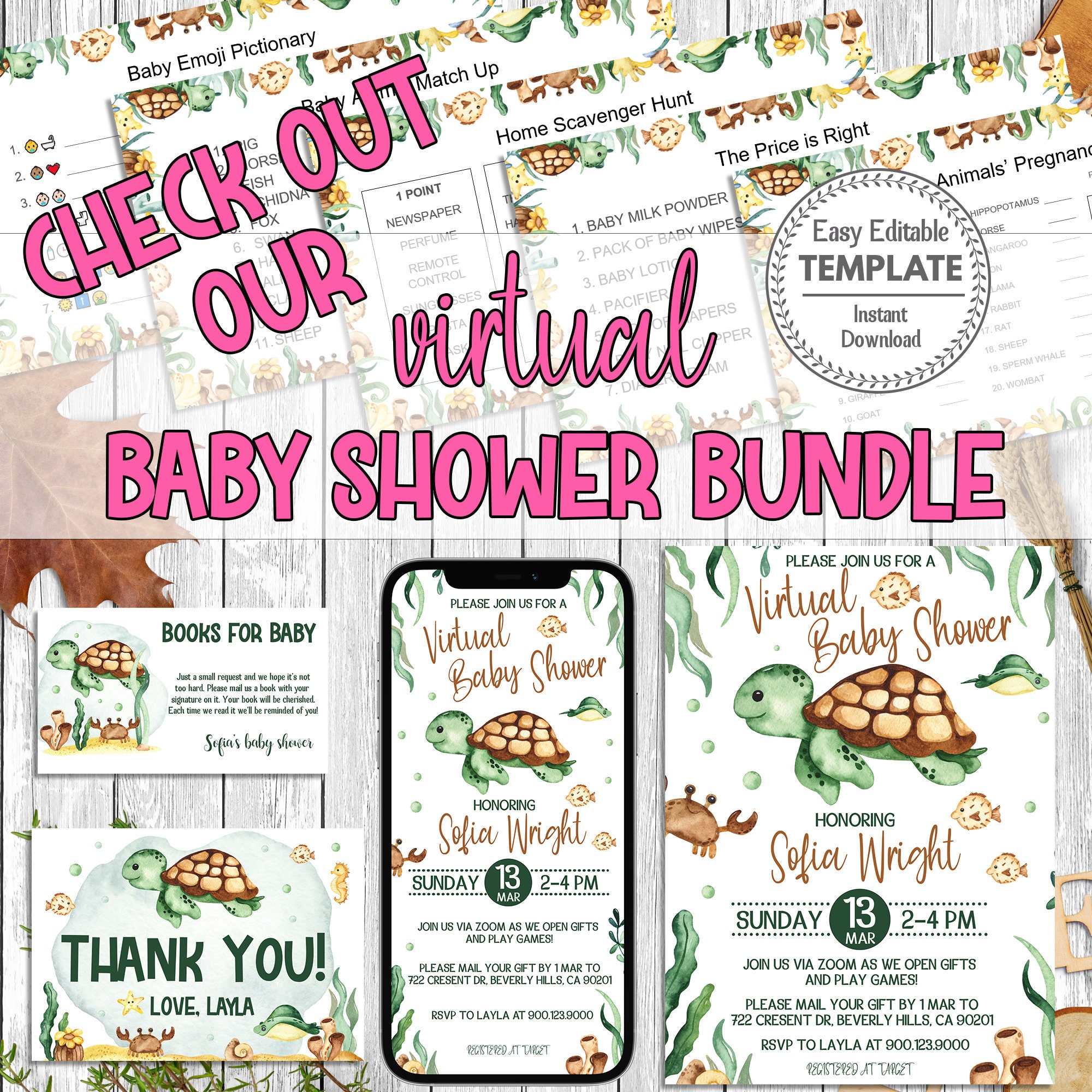 Virtual Turtle Baby Shower Invitation, Editable Baby Shower Invitation ...