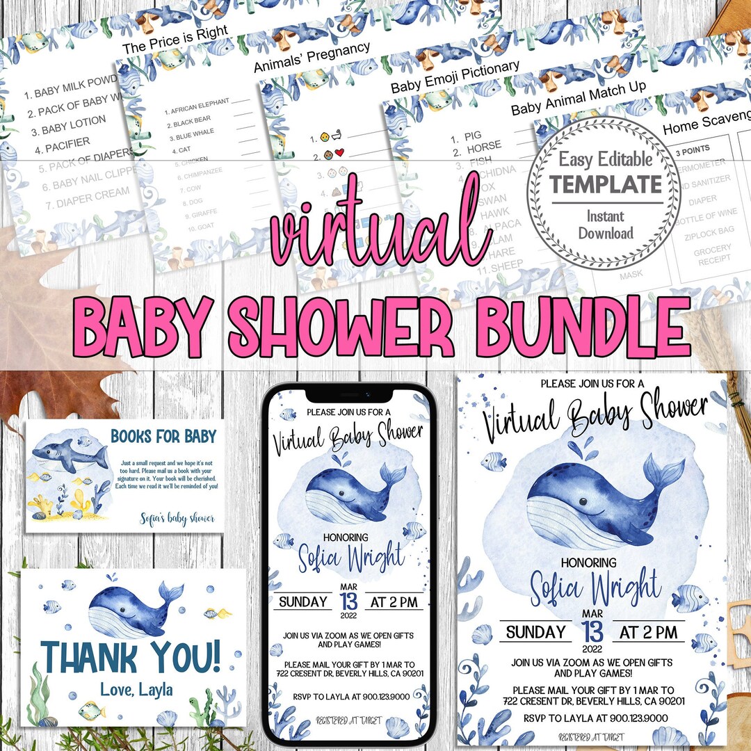 Virtual Blue Whale Baby Shower Bundle, Baby Shower Games, Editable Baby ...