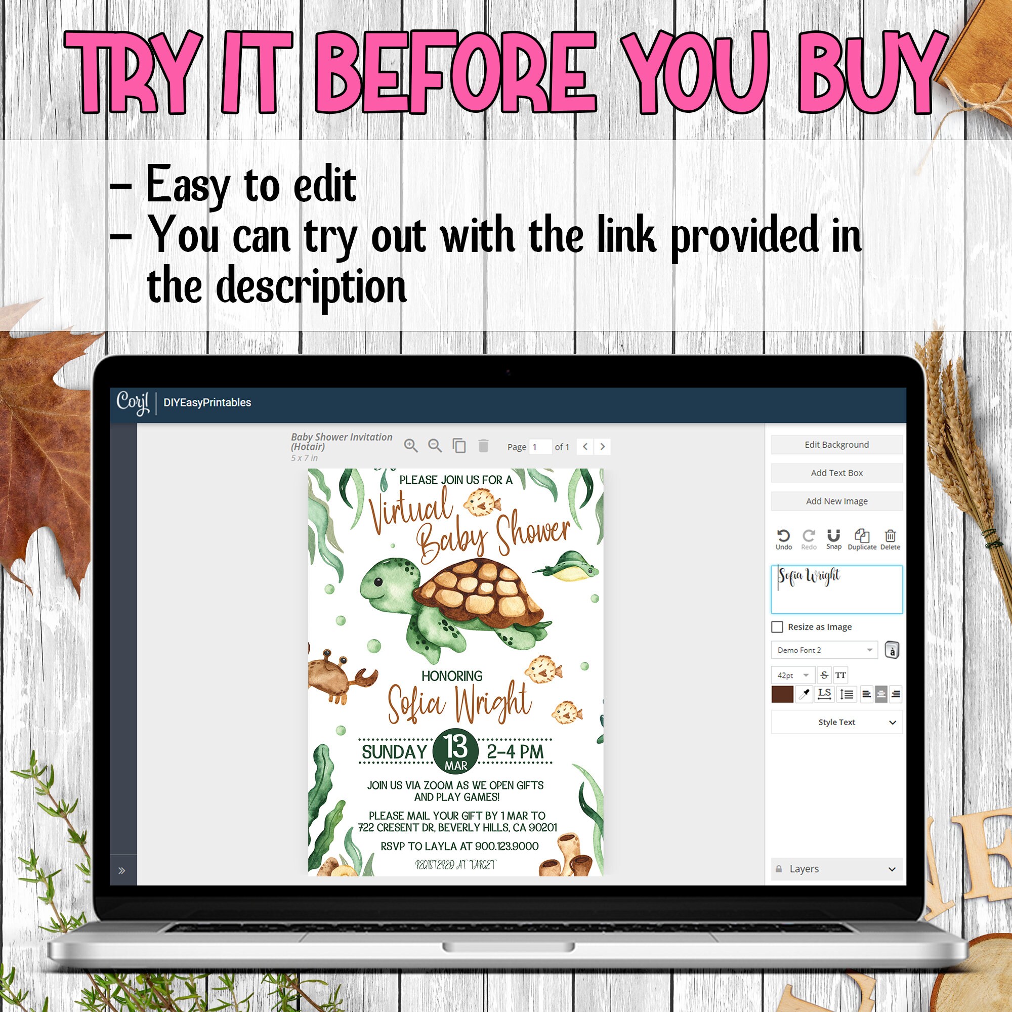 Virtual Turtle Baby Shower Invitation, Editable Baby Shower Invitation ...