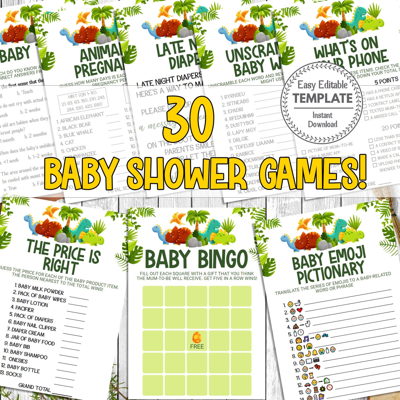 30 Printable Dinosaur Baby Shower Games, Editable Dino Baby Party Games ...