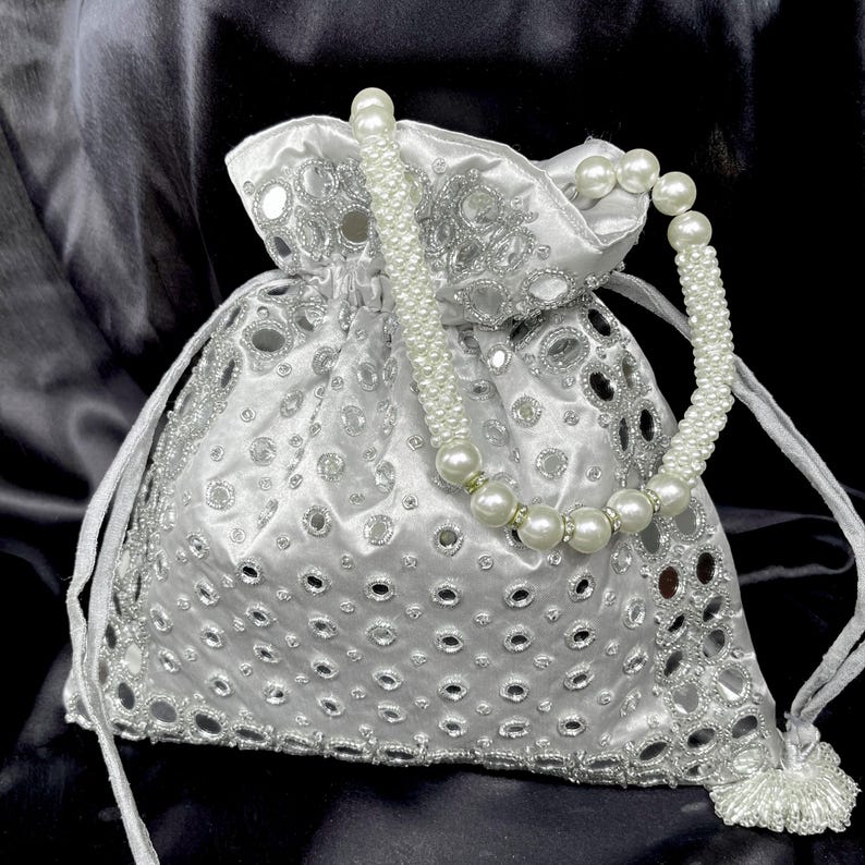 Silver Mirror Work Potli Bag | Handmade Bridal Wedding Purse | Indian ...