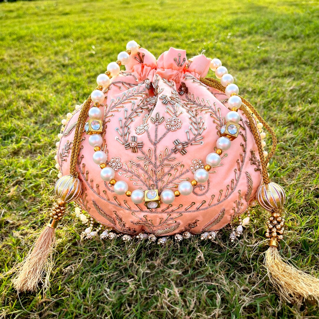 Peach Zardosi Pearl Potli Bag: Indian Wedding Favor Purse - Etsy Canada