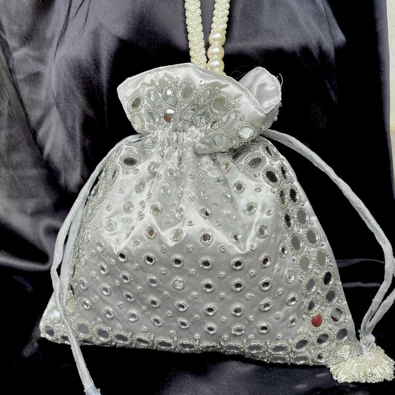Silver Mirror Work Potli Bag | Handmade Bridal Wedding Purse | Indian ...