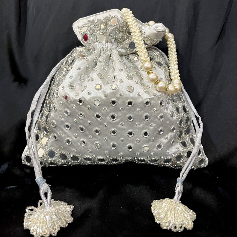 Silver Mirror Work Potli Bag | Handmade Bridal Wedding Purse | Indian ...