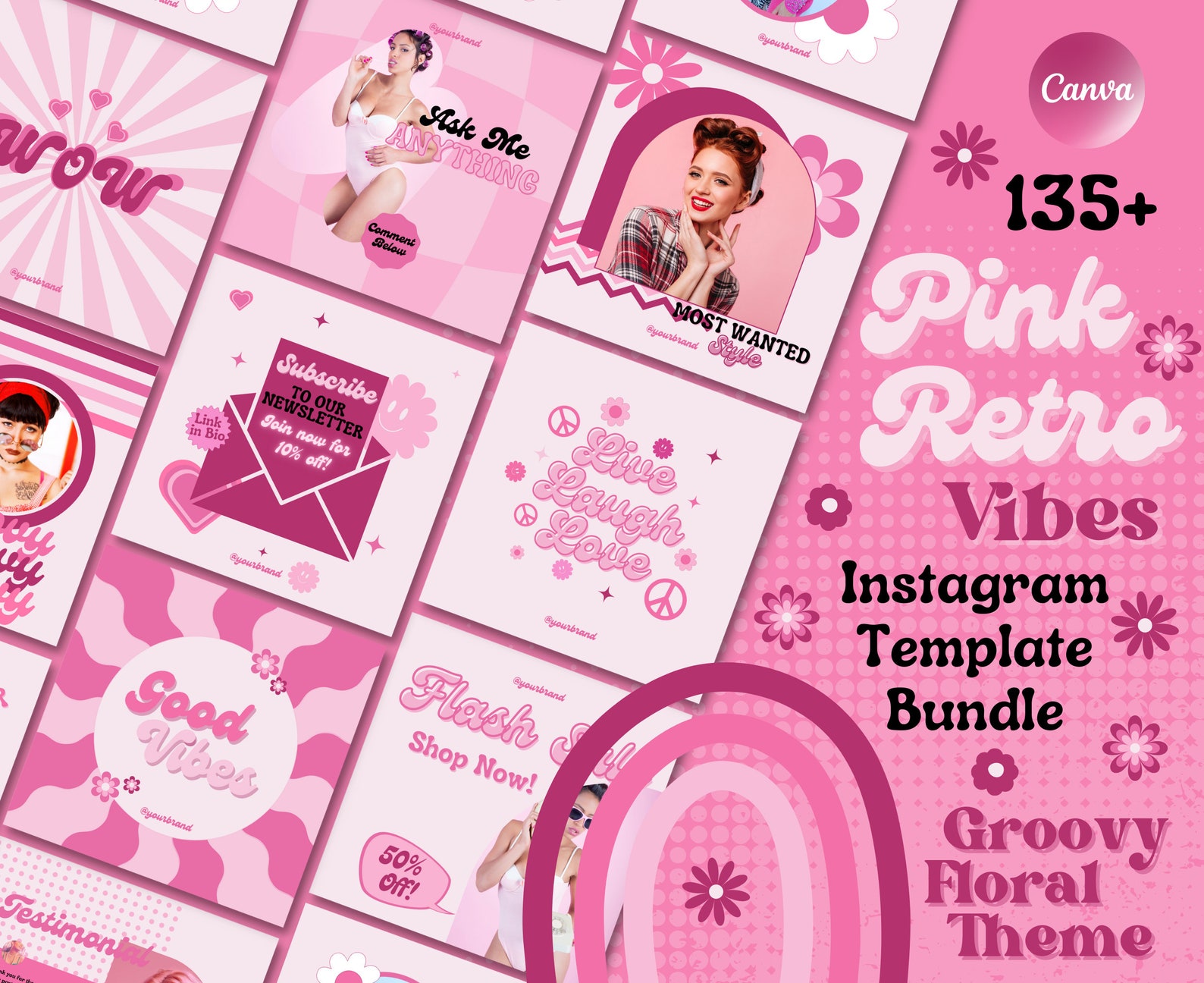 Retro Pink Instagram Template Posts Canva Templates Social - Etsy