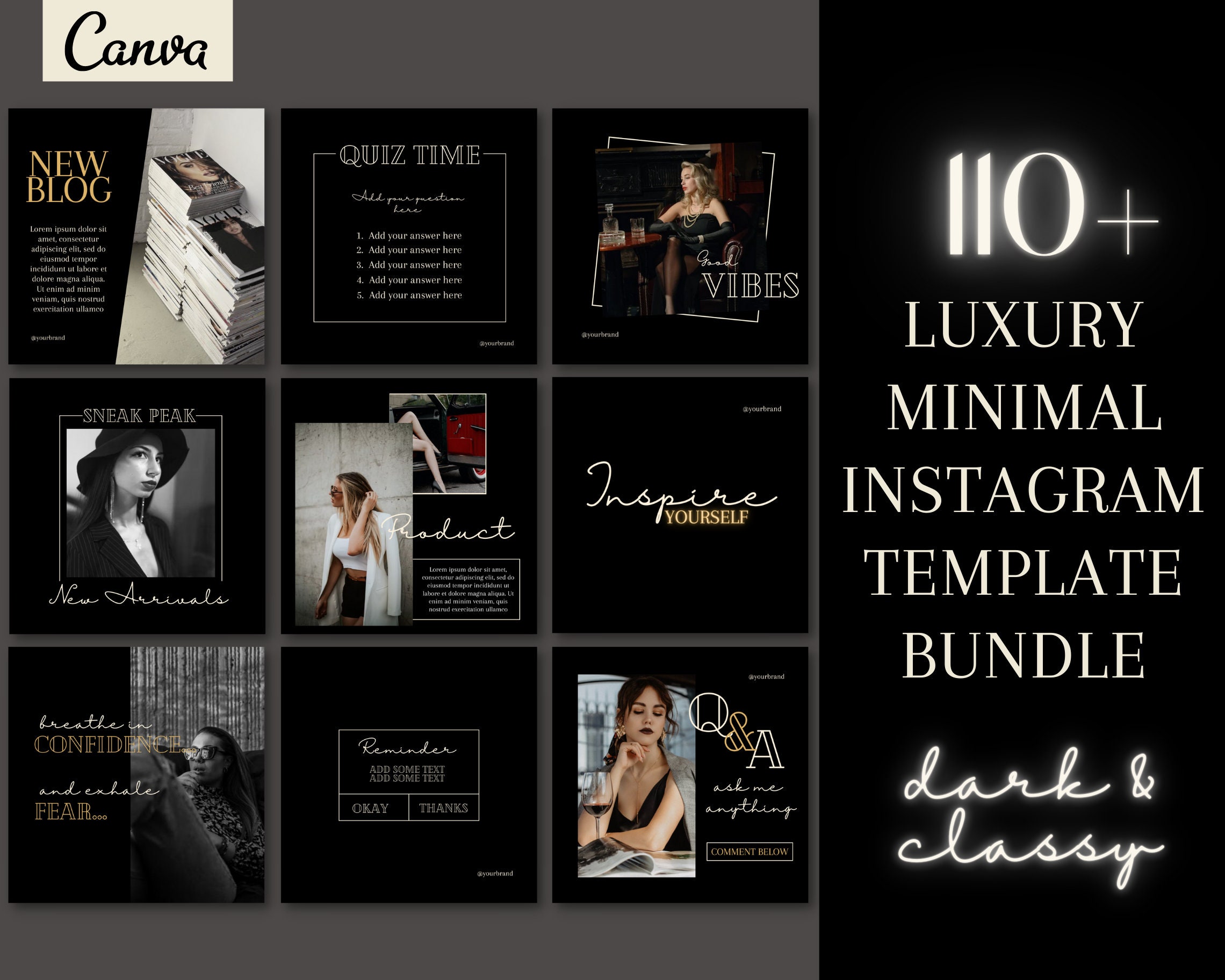 Luxury Dark Minimal Instagram Templates Posts Stories, Black Canva ...