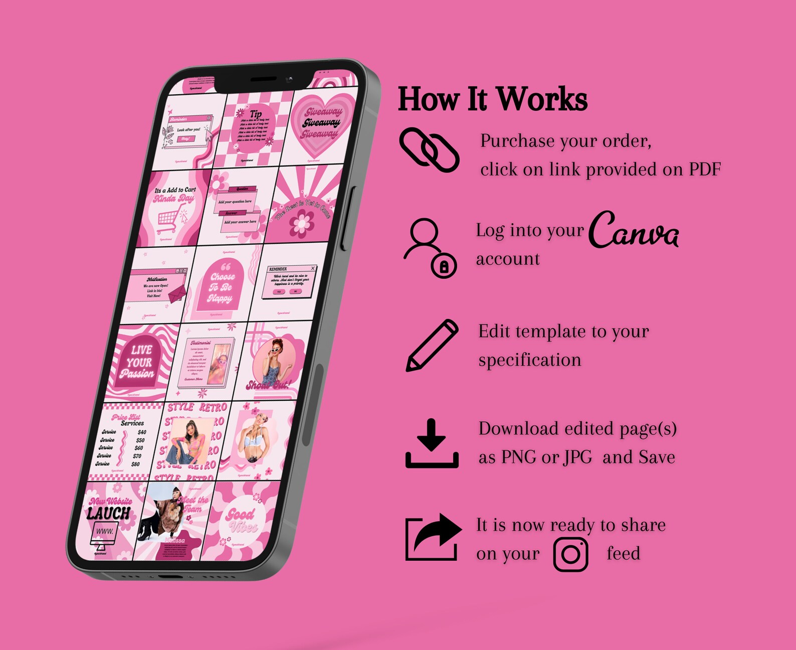 Retro Pink Instagram Template Posts Canva Templates Social - Etsy