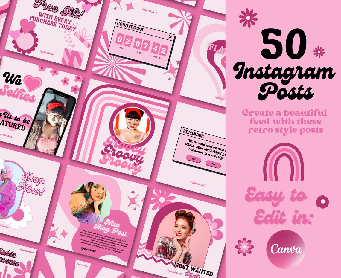 Retro Pink Instagram Template Posts Canva Templates Social - Etsy
