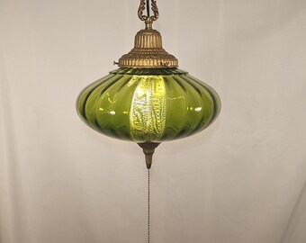 MCM Vintage Green Crackle Glass Globe Lamp Hanging Swag Lamp Light 9x16 ...