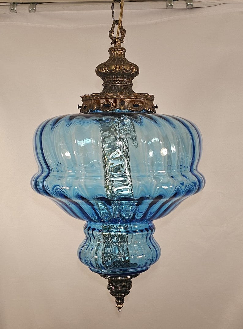 Vintage XL Blue Glass Swag Lamp - Etsy
