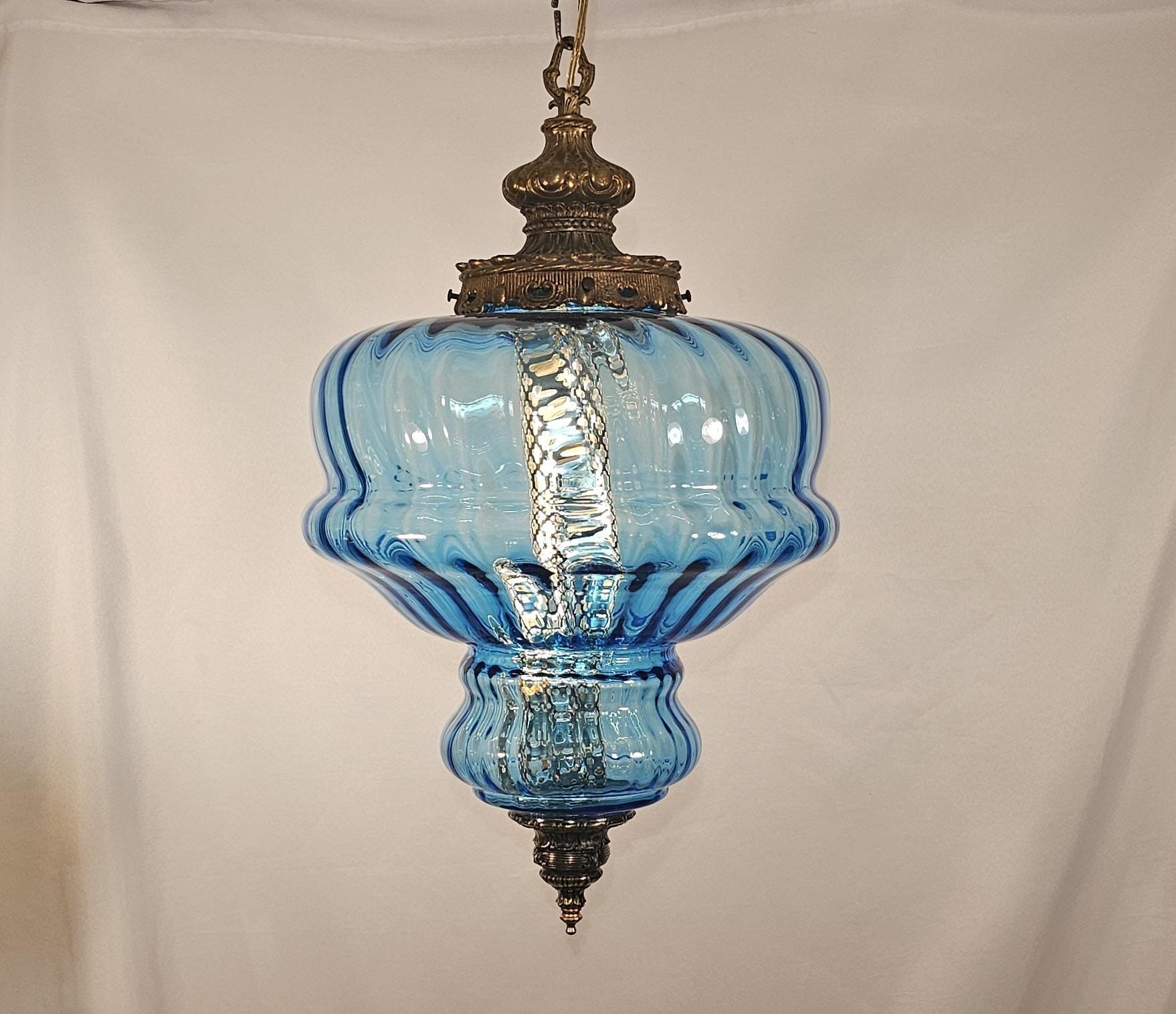 Vintage XL Blue Glass Swag Lamp - Etsy