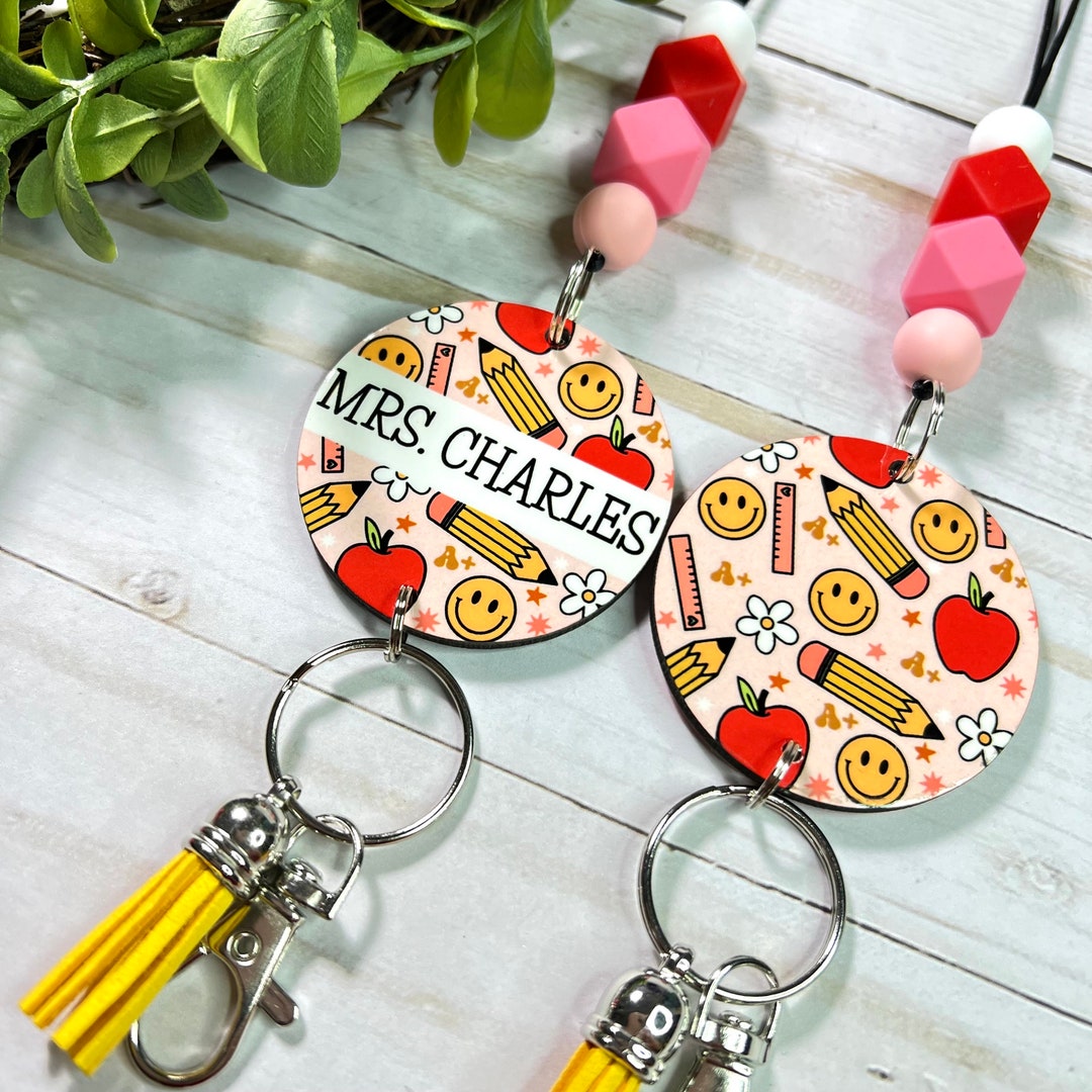 Retro School Lanyard, Gift for Teachers, Smiley Face, Pencil, Ruler ...