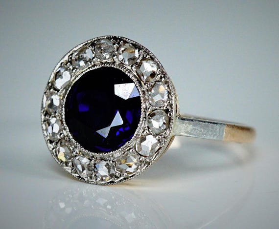Antique Edwardian Platinum 18 Carat Gold Diamond Sapp… - Gem