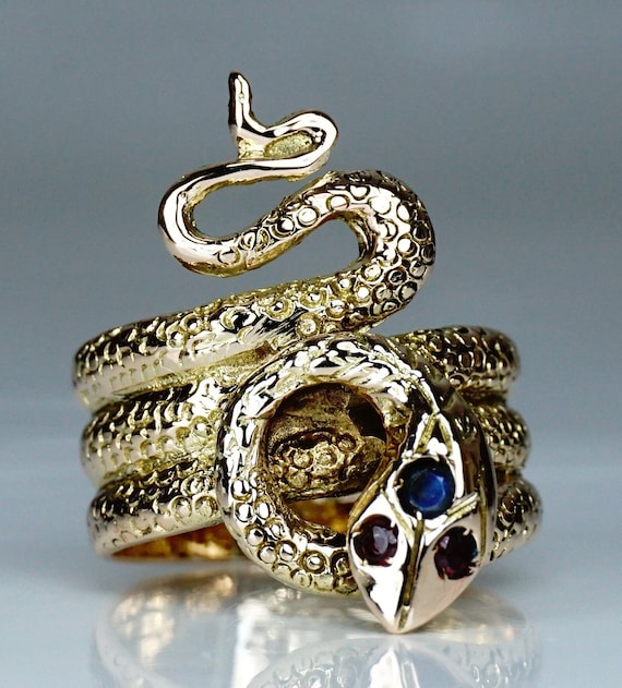 Antique Victorian 14 Carat Gold Sapphire Garnet Snake… - Gem