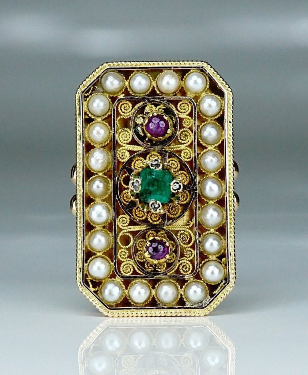 Antique Napoleon III 18 Carat Gold Emerald Diamond Ruby Pearls Ring - Etsy