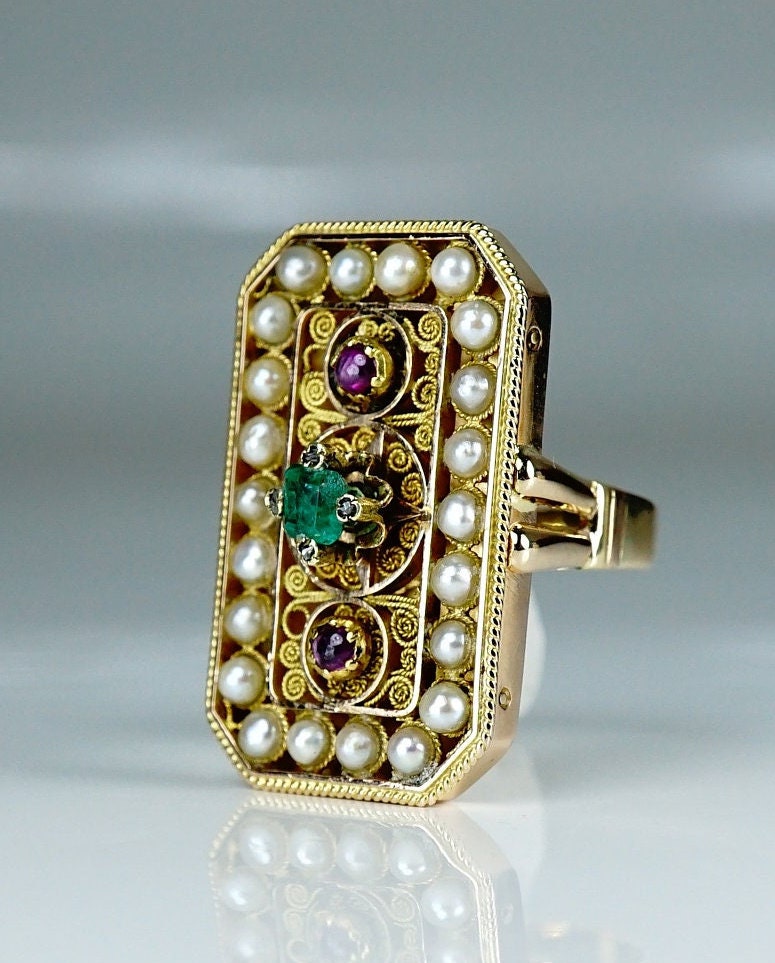 Antique Napoleon III 18 Carat Gold Emerald Diamond Ruby Pearls Ring - Etsy