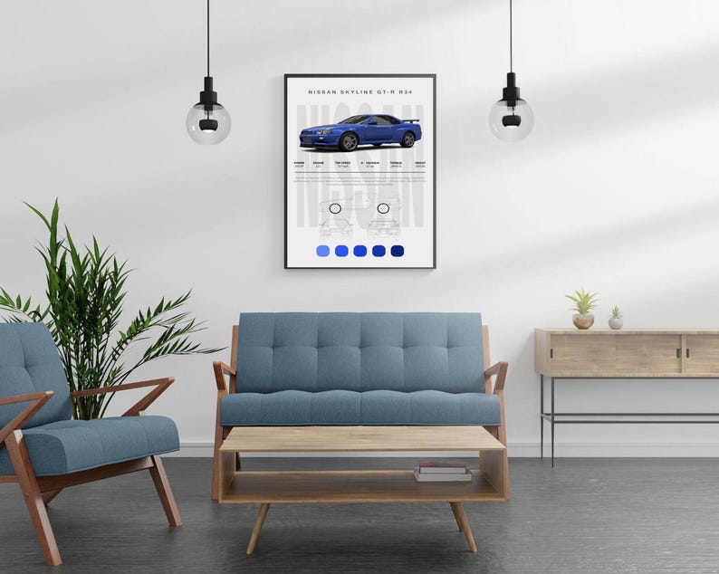 Nissan Skyline GT-R R34 Poster, Classic Muscle Car Wall Art, Blue ...