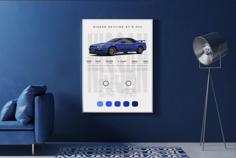 Nissan Skyline GT-R R34 Poster, Classic Muscle Car Wall Art, Blue ...
