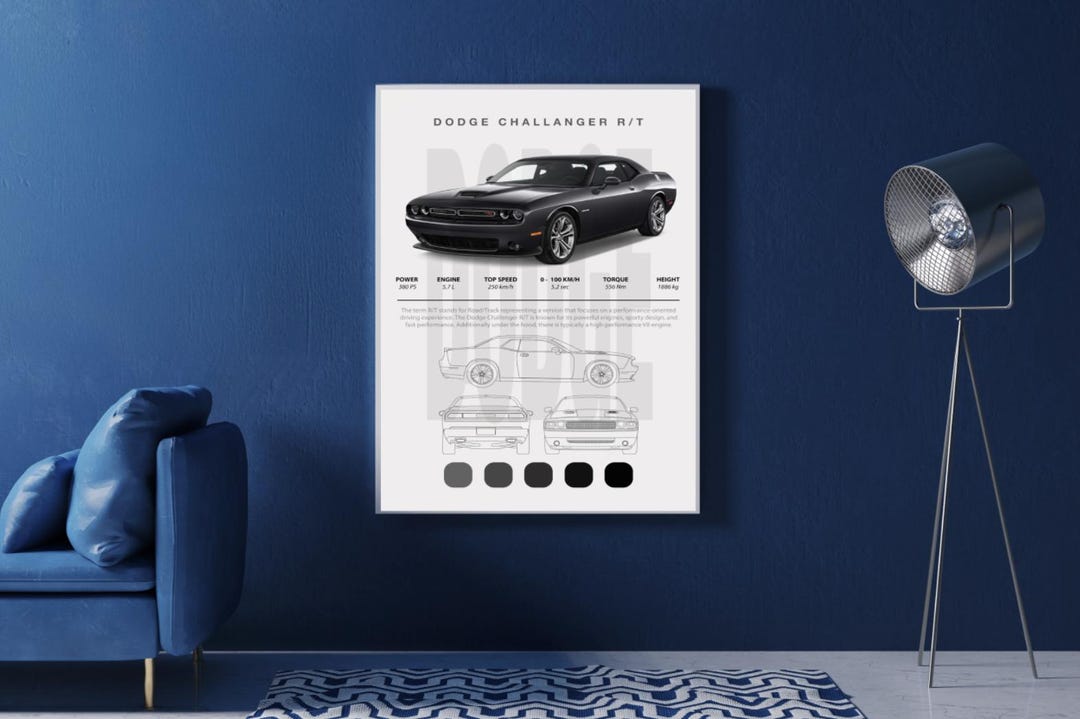 Dodge Challenger R/T Poster, Classic Muscle Car Wall Art, Black Sports ...