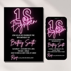 18th Birthday Invitation Digital, Editable Template, 18 Bday, Neon ...