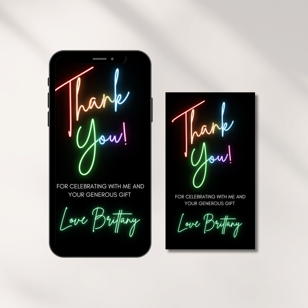 Neon Light Birthday Thank You Card, Editable Template, Glow Party,teen, Rainbow, Girl, ANY AGE ...