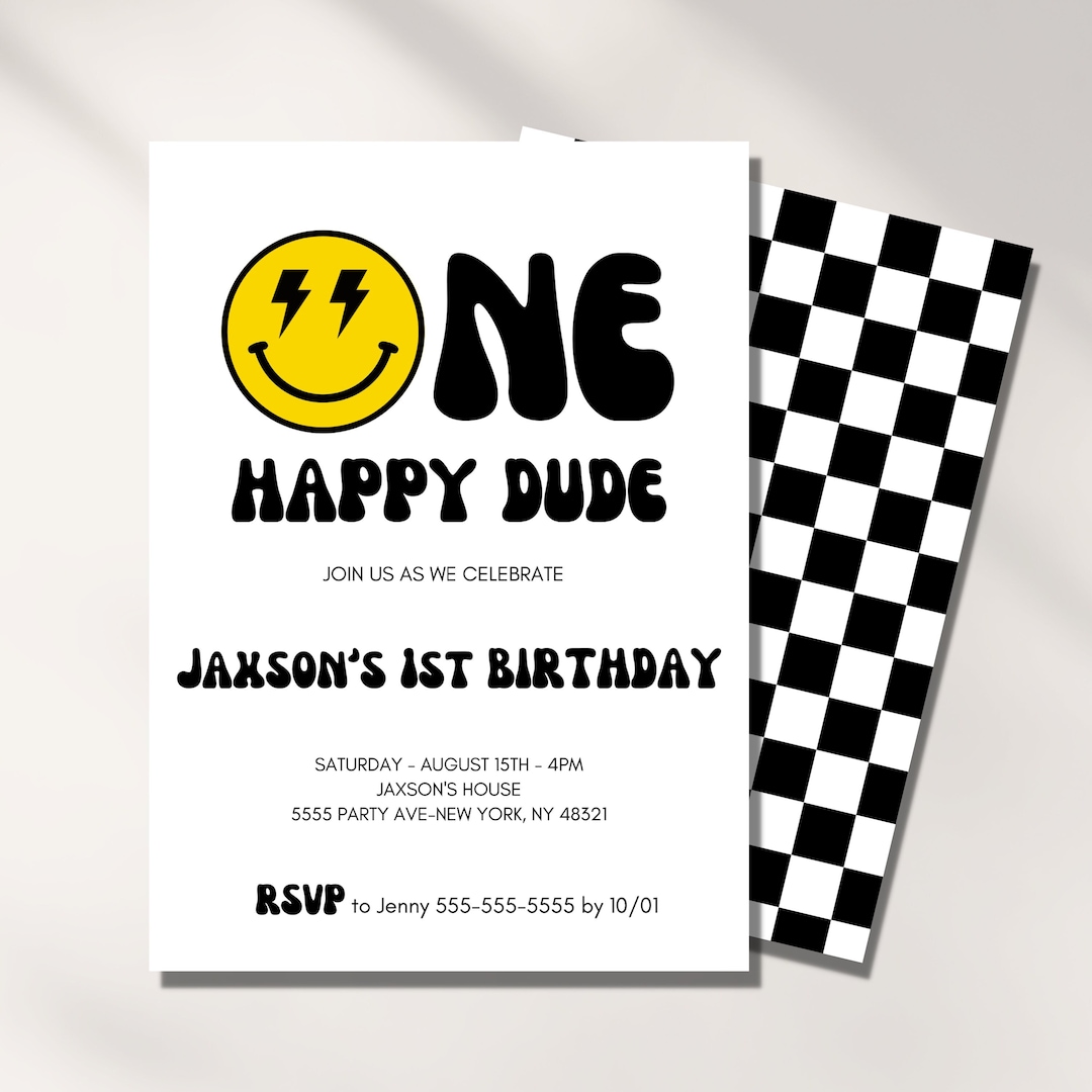 One Happy Dude Invitation Boy, 1st Birthday, Smile Face, Editable ...