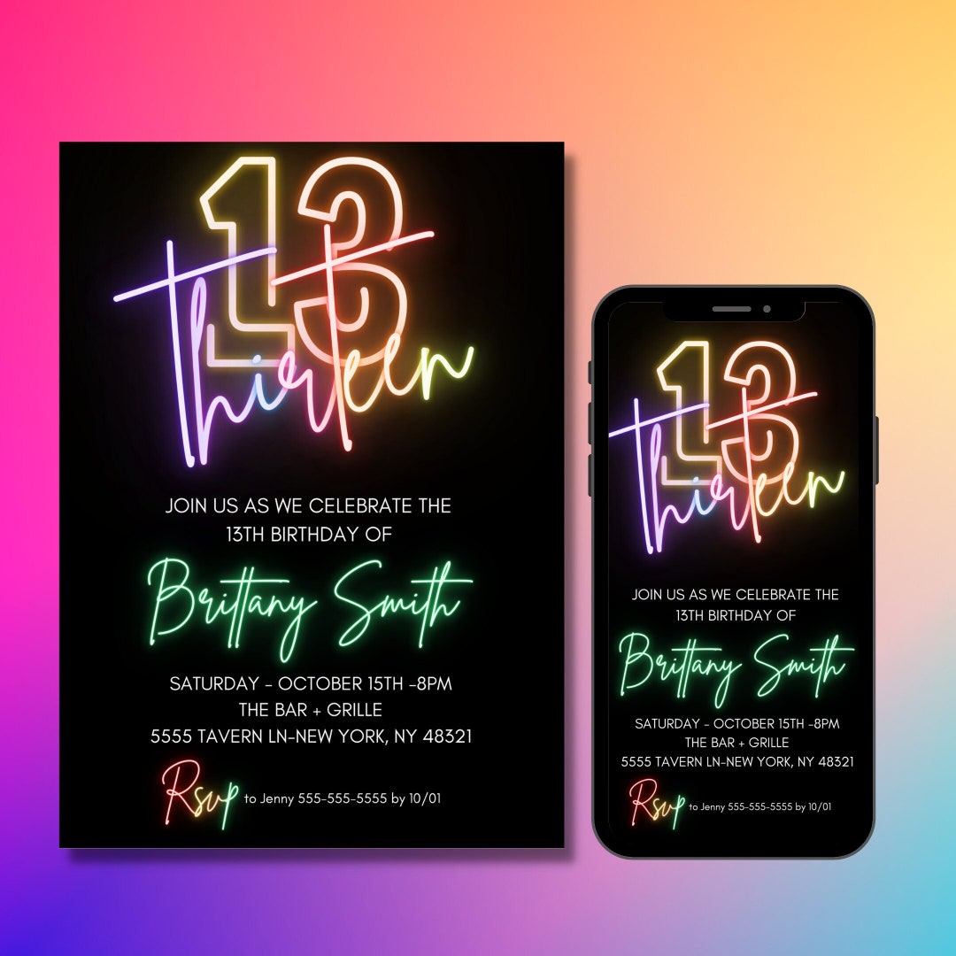 13th Birthday Invitation for Girl, Rainbow, Editable Template, 13 Bday ...