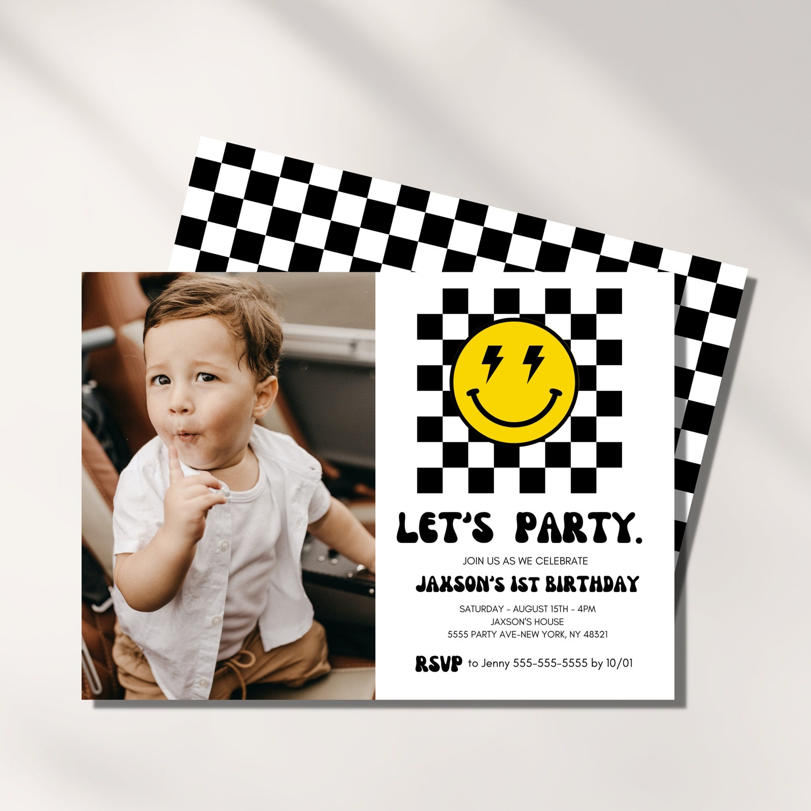 Smiley Face Invite , Birthday Invitation Boy, Checkered Invite, Digital ...