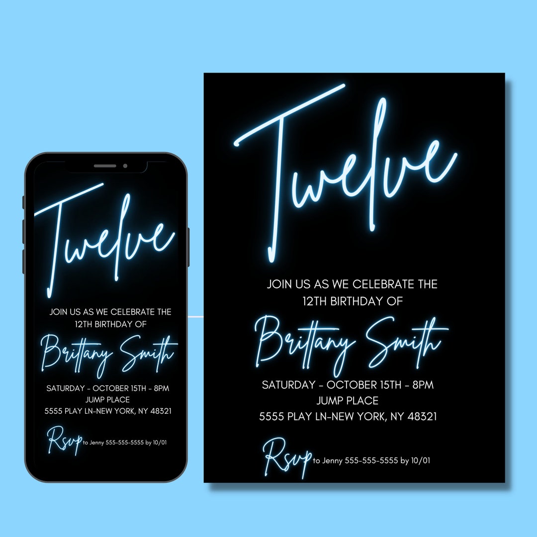12th Birthday Invitation for Girl or Boy, Blue, Editable Template, 12 ...