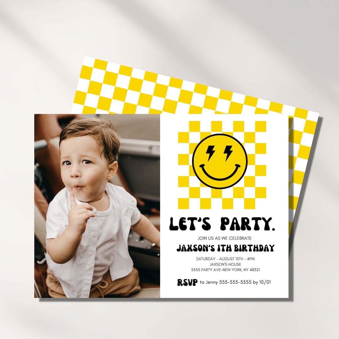 Birthday Invitation Boy, Smiley Face, Checkered Invite, Digital ...