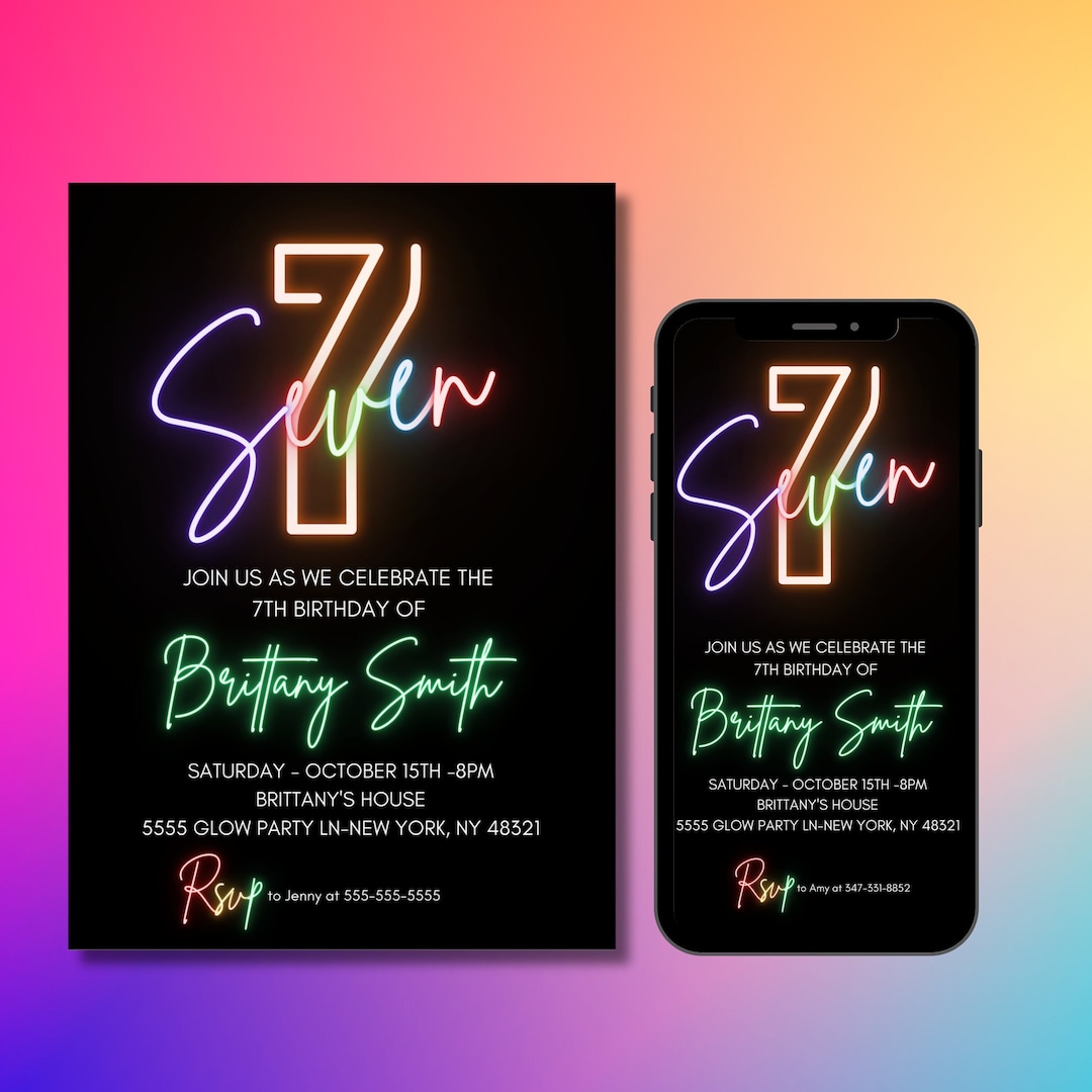 7th Birthday Invitation for Girl or Boy, Rainbow, Editable Template, 7 ...