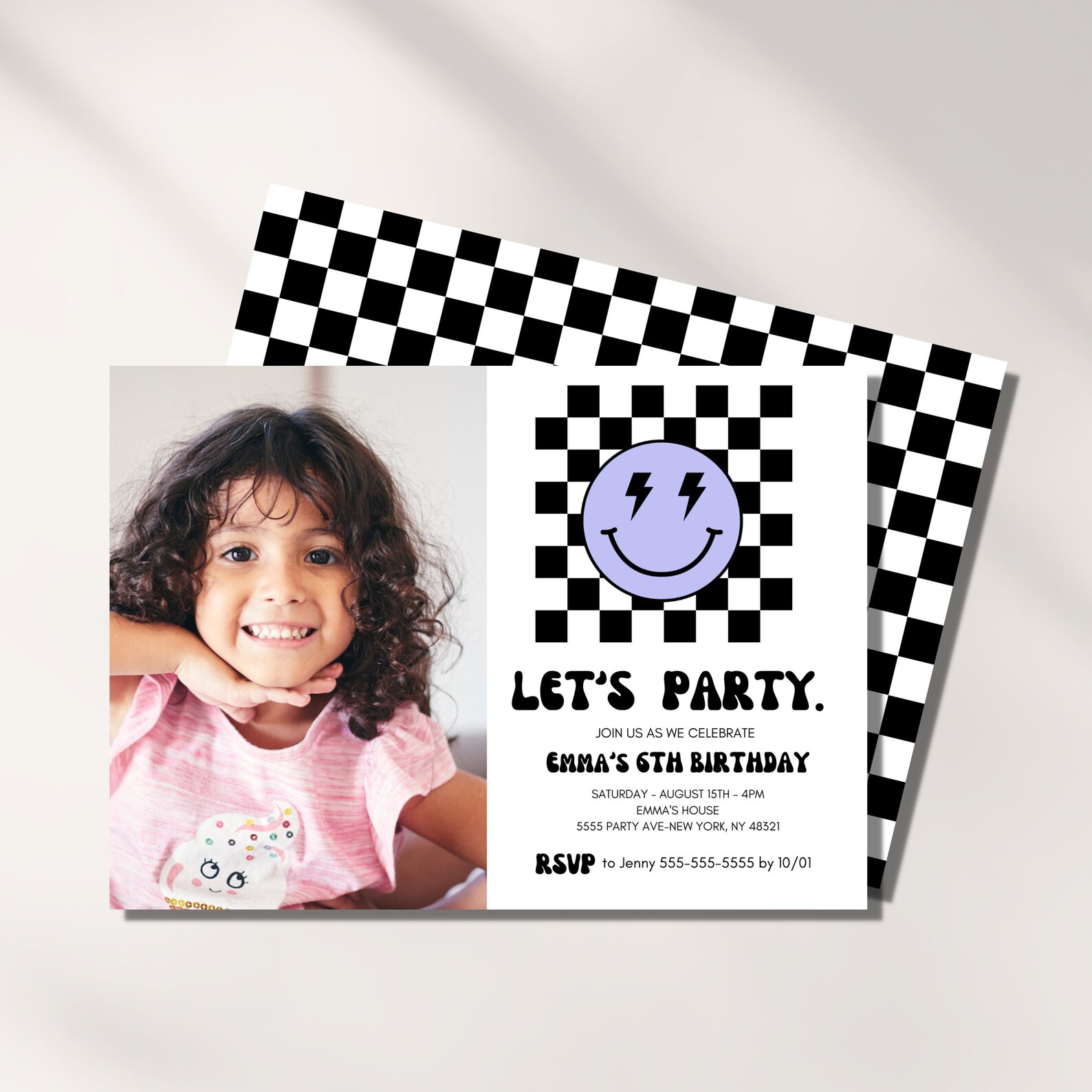 Birthday Invitation Girl, Smiley Face Photo Invite, Checkered Invite ...