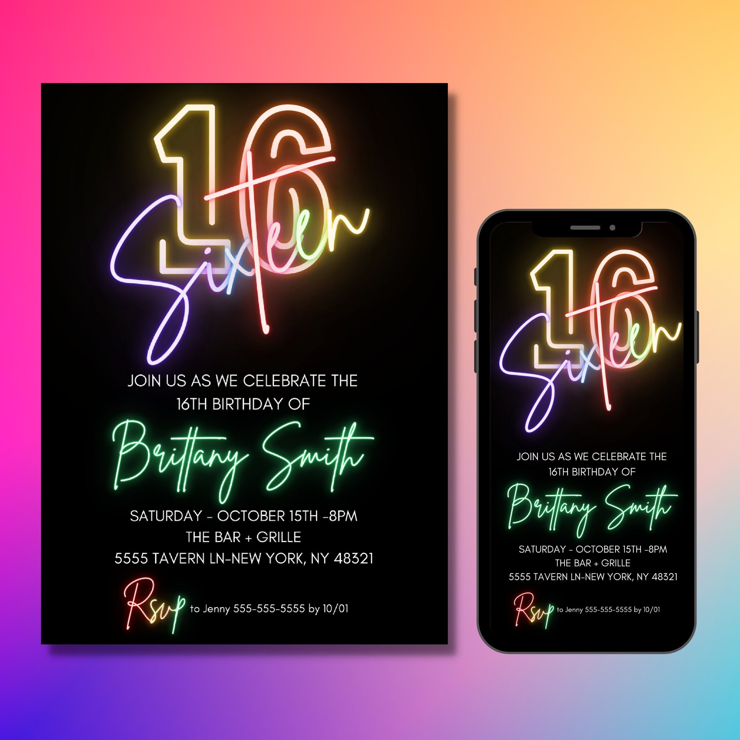 16th Birthday Invitation for Girl, Digital Template, 16 Bday, Neon ...