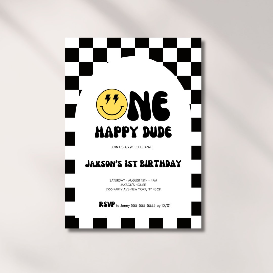 One Happy Dude Invitation Boy, 1st Birthday, Smile Face, Editable ...