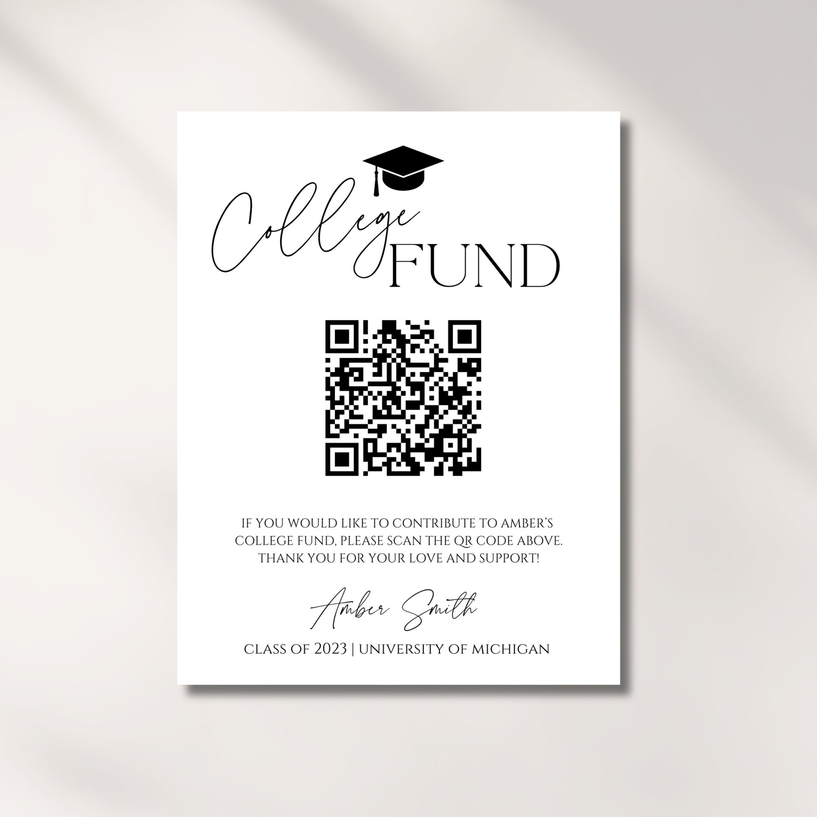 Minimalist College Fund QR Code Sign for 2023 Graduation Party, Modern ...