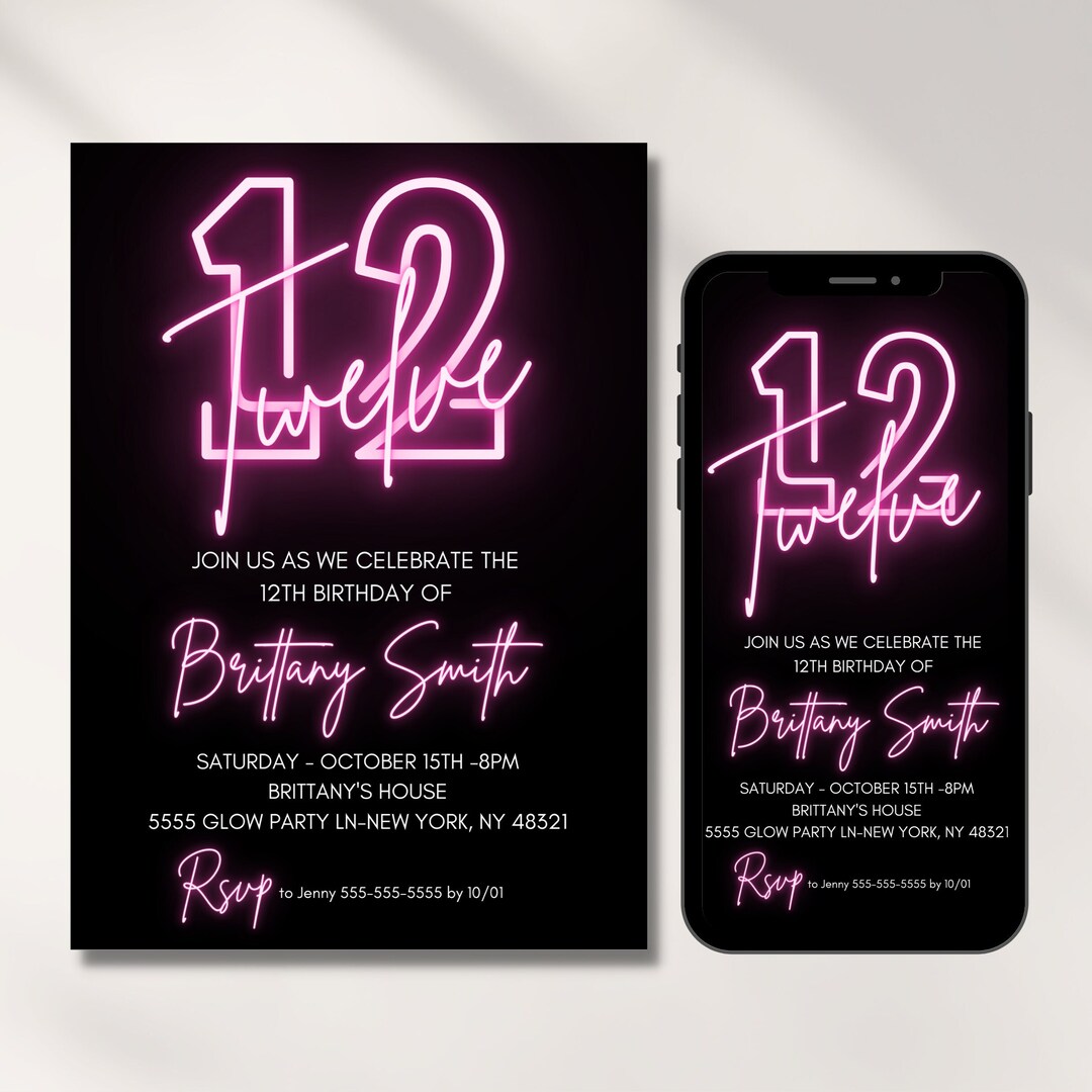 12th Birthday Invitation, Pink Neon Birthday Invitation, Twelve ...