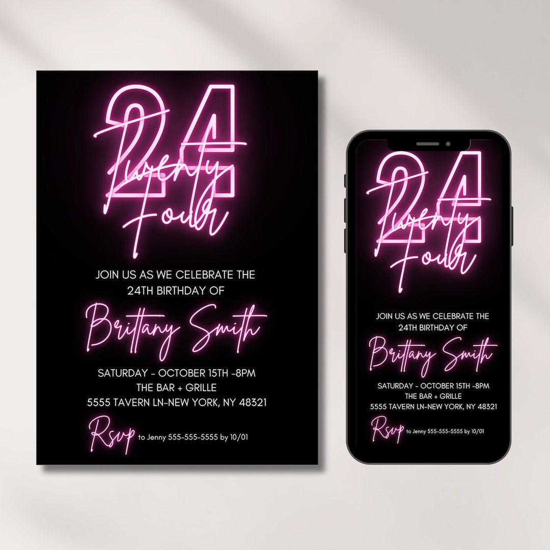 24th Birthday Invitation, Twenty Four Birthday, Pink Neon Birthday ...