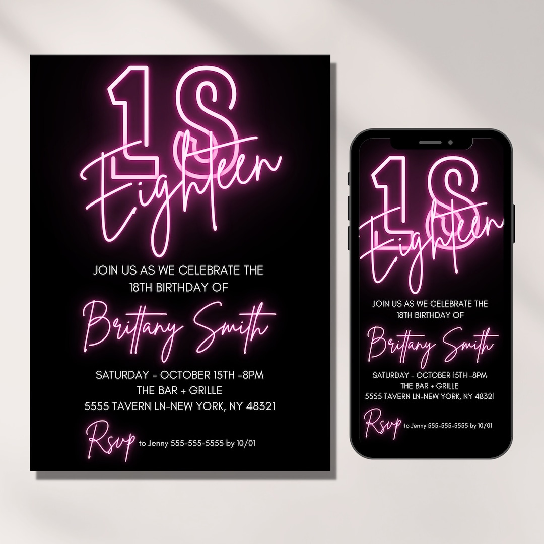 18th Birthday Invitation Digital, Editable Template, 18 Bday, Neon ...