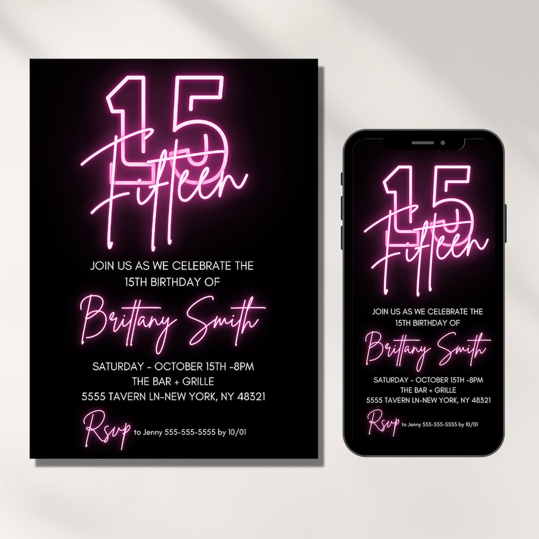 15th Birthday Invitation for Girl, Template, Teen Bday, Neon Light, Hot ...
