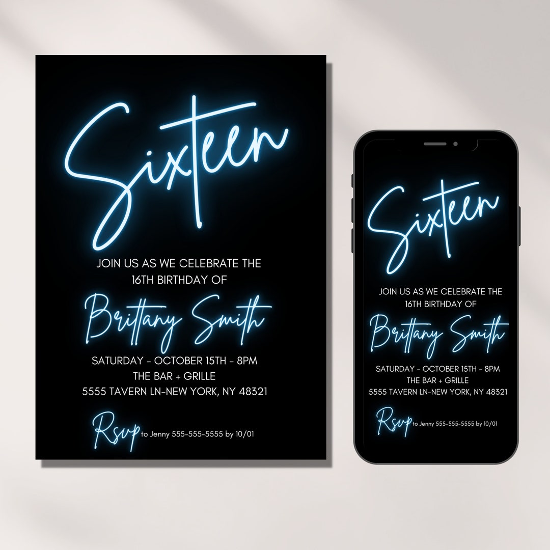 16th Birthday Invitation for Boy or Girl, Digital Template, 16 Bday ...