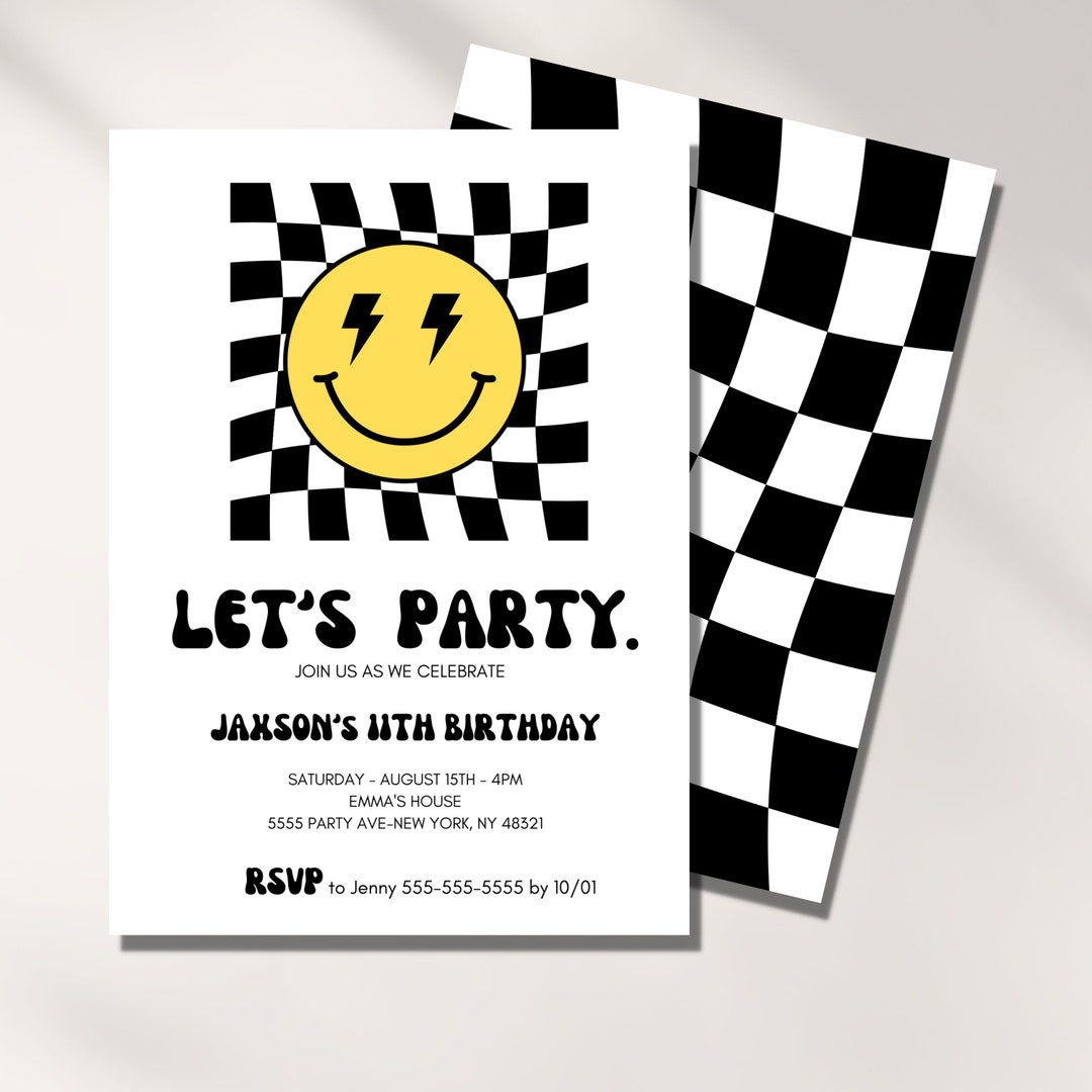 Birthday Invitation Boy, Smiley Face, Checkered Invite, Digital ...