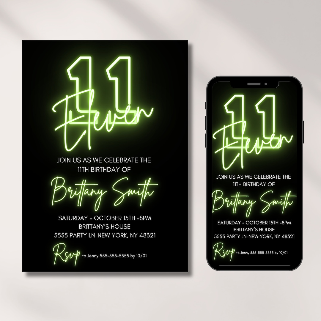 11th Birthday Invitation for Girl or Boy, Green, Editable Template ...